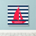 Nautical Navy Blue White Stripe Red Boat Monogram Canvas Print | Zazzle