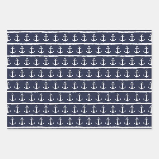 Nautical Navy Blue White Stripes Anchor Wrapping Paper Sheets | Zazzle