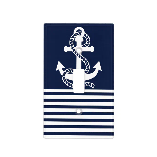 Nautical Navy Blue White Stripes and White Anchor Light Switch Cover ...