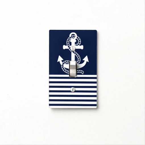 Nautical Navy Blue White Stripes and White Anchor Light Switch Cover ...
