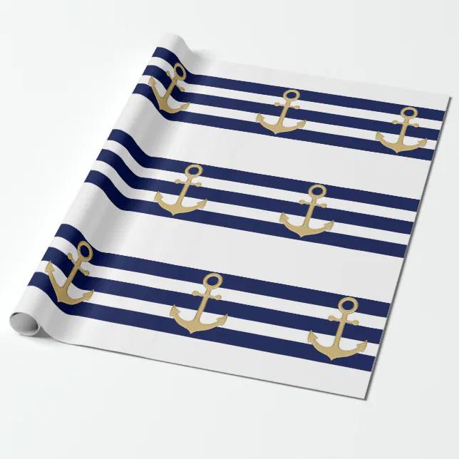 Nautical Navy Blue White Stripes Gold Anchor Wrapping Paper | Zazzle