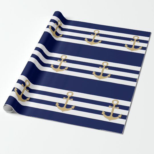 Nautical Navy Blue White Stripes Gold Anchor Wrapping Paper | Zazzle.com