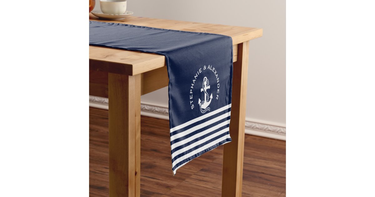 Nautical Navy Blue White Stripes & White Anchors Short Table Runner ...