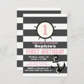 Nautical Navy First Birthday Invitations Pink&Grey | Zazzle