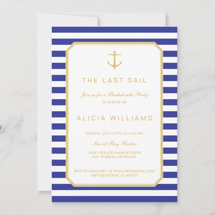 Nautical Navy & Gold Bachelorette Party Invitation | Zazzle