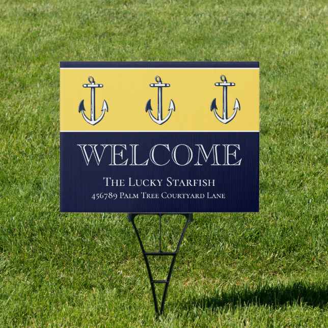 Nautical Navy Mustard Yellow Anchor beach house Sign | Zazzle