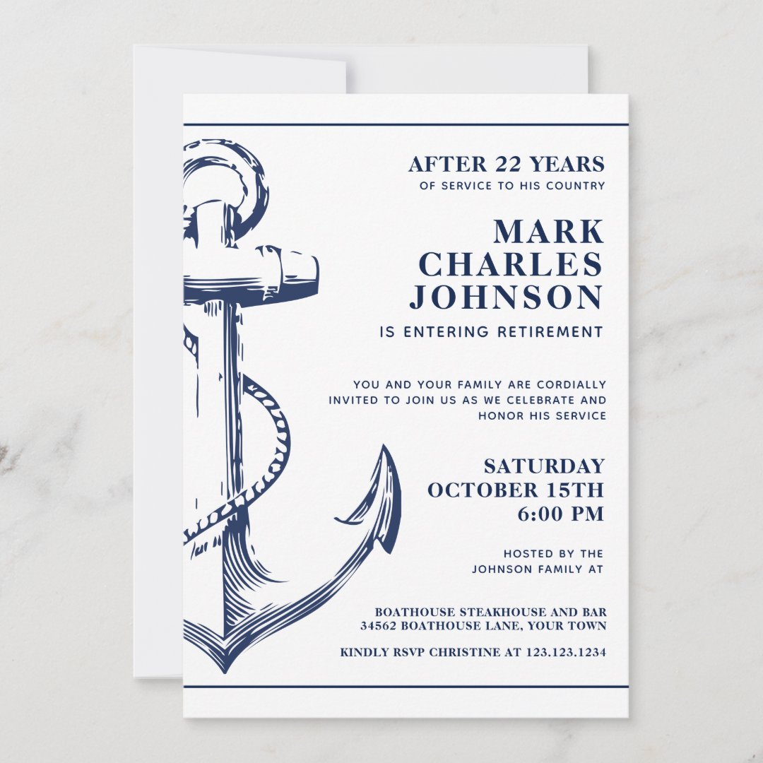 Nautical Navy Nautical Anchor Retirement Invitation | Zazzle