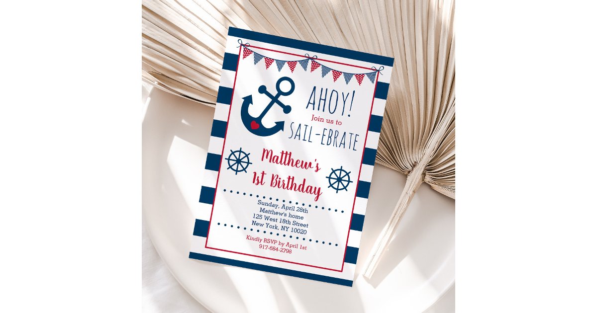 Nautical Navy & Red Anchor Boy Birthday Invitation | Zazzle