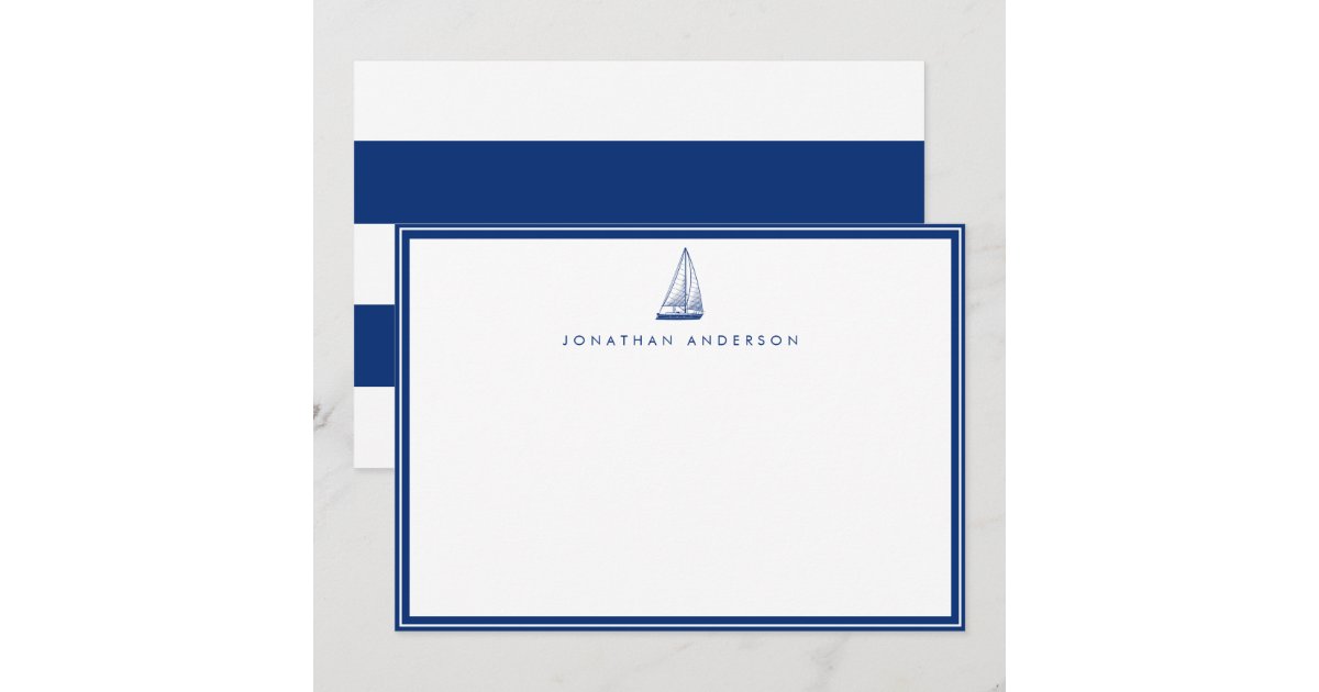 Nautical Navy Sailing Boat Custom Note Card | Zazzle
