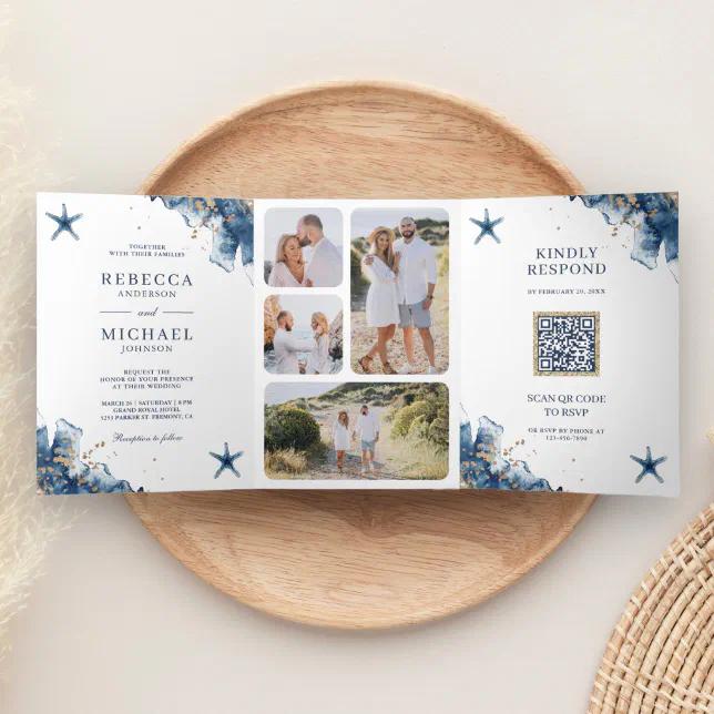 Nautical Navy Starfish All in One QR Code Wedding Tri-Fold Invitation ...