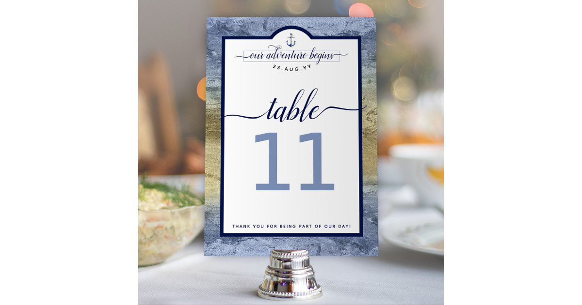 Nautical Navy Steel Blue and Gold Event Wedding Table Number | Zazzle