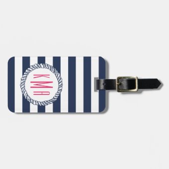 Nautical Navy Stripe & Pink Monogram Luggage Tag | Zazzle