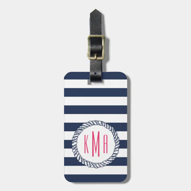 Nautical Navy Stripe & Pink Monogram Luggage Tag | Zazzle