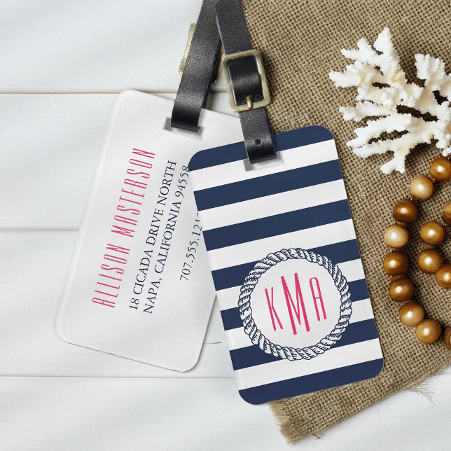 Nautical Navy Stripe & Pink Monogram Luggage Tag | Zazzle