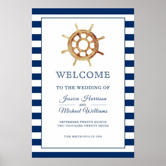 Nautical Navy Stripes Steering Wheel Welcome Poster | Zazzle.com