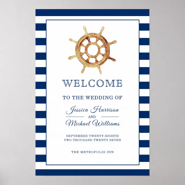 Nautical Navy Stripes Steering Wheel Welcome Poster | Zazzle