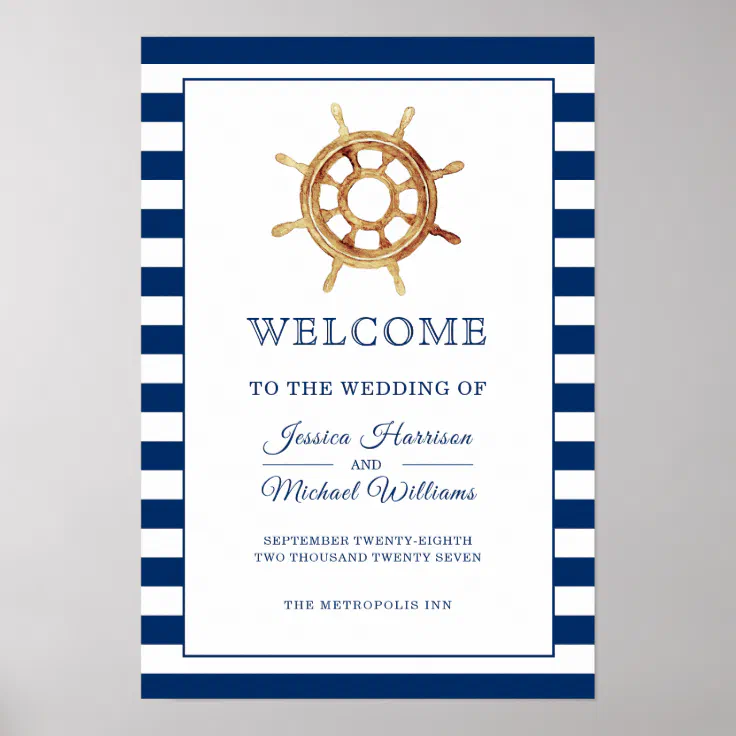 Nautical Navy Stripes Steering Wheel Welcome Poster | Zazzle