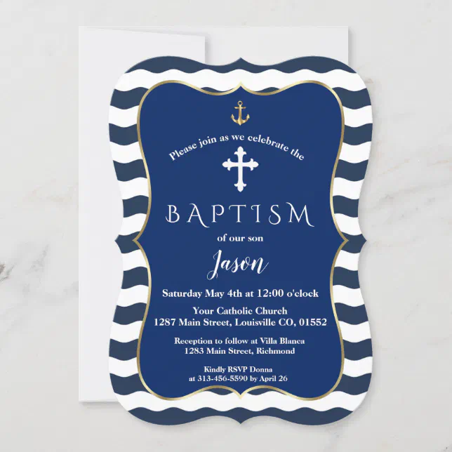 Nautical Navy Waves Anchor Gold Boy Baptism Invitation | Zazzle