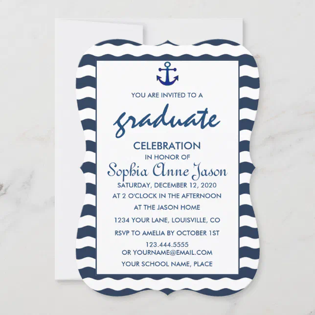 Nautical Navy Waves Anchor GRADUATION CELEBRATION Invitation | Zazzle