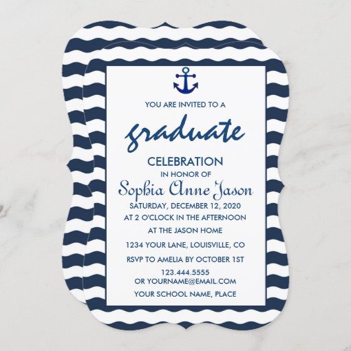 Nautical Navy Waves Anchor GRADUATION CELEBRATION Invitation | Zazzle