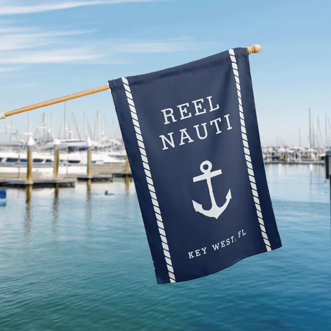 Nautical Navy & White Anchor Boat Name House Flag | Zazzle