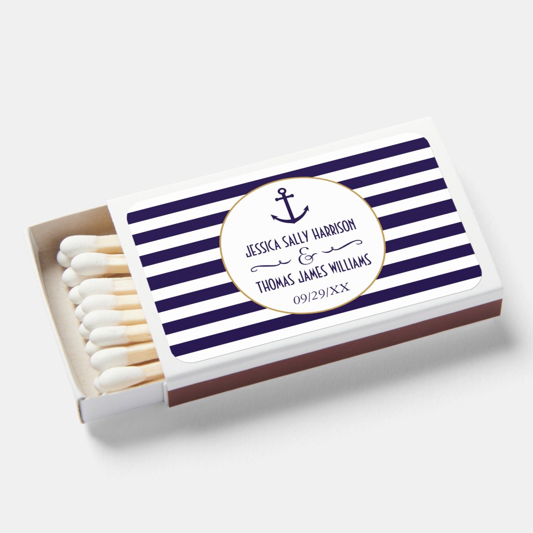 Nautical Navy & White Stripe Anchor Wedding Favor Matchboxes | Zazzle