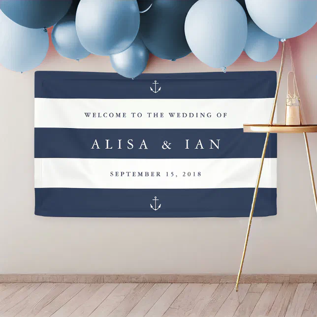 Nautical Navy & White Stripe Wedding Welcome Banner | Zazzle