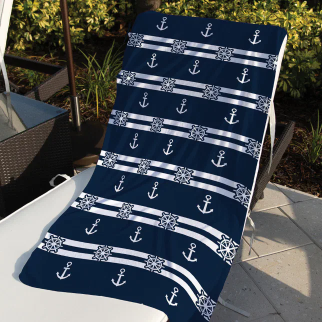 Nautical Navy & White Stripes, Anchor & Ship Wheel Beach Towel | Zazzle