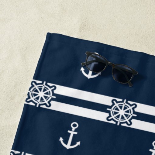 Nautical Navy & White Stripes, Anchor & Ship Wheel Beach Towel | Zazzle