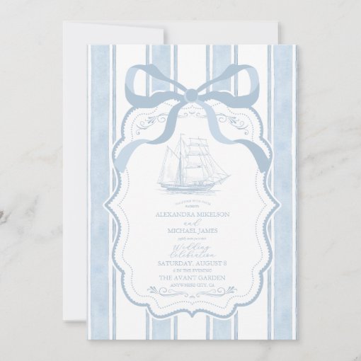 Nautical Navy White Stripes Boat Wedding Invitation | Zazzle