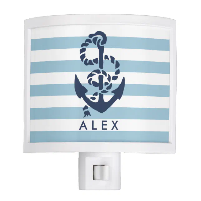 Nautical Nursery Blue Stripe Anchor Personalized Night Light | Zazzle