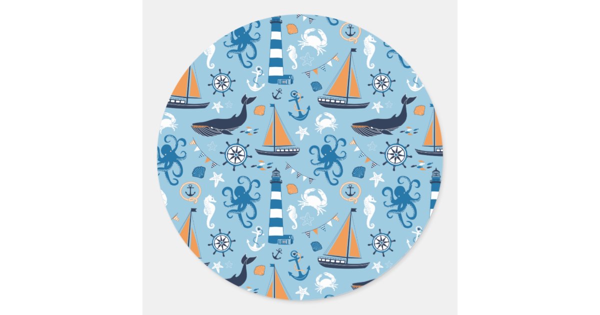 Nautical Ocean Blue and Orange Classic Round Sticker | Zazzle
