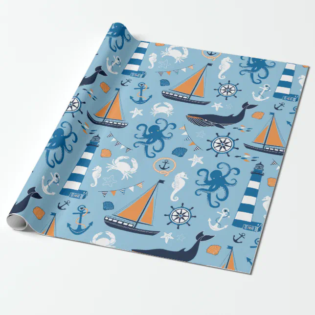 Nautical Ocean Blue and Orange Wrapping Paper | Zazzle