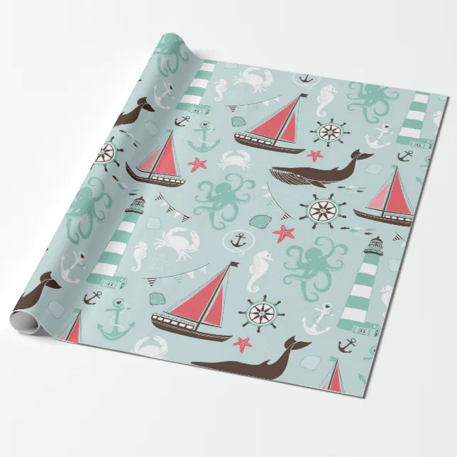 Nautical Ocean Blue and Rose Wrapping Paper | Zazzle