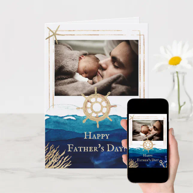 Nautical Ocean Father's Day with Photo Card | Zazzle