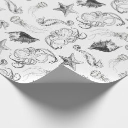 Nautical Ocean Theme Sea Creatures Black and White Wrapping Paper | Zazzle