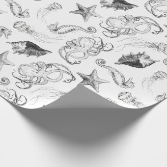 Nautical Ocean Theme Sea Creatures Black and White Wrapping Paper | Zazzle