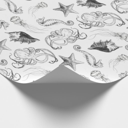 Nautical Ocean Theme Sea Creatures Black and White Wrapping Paper | Zazzle