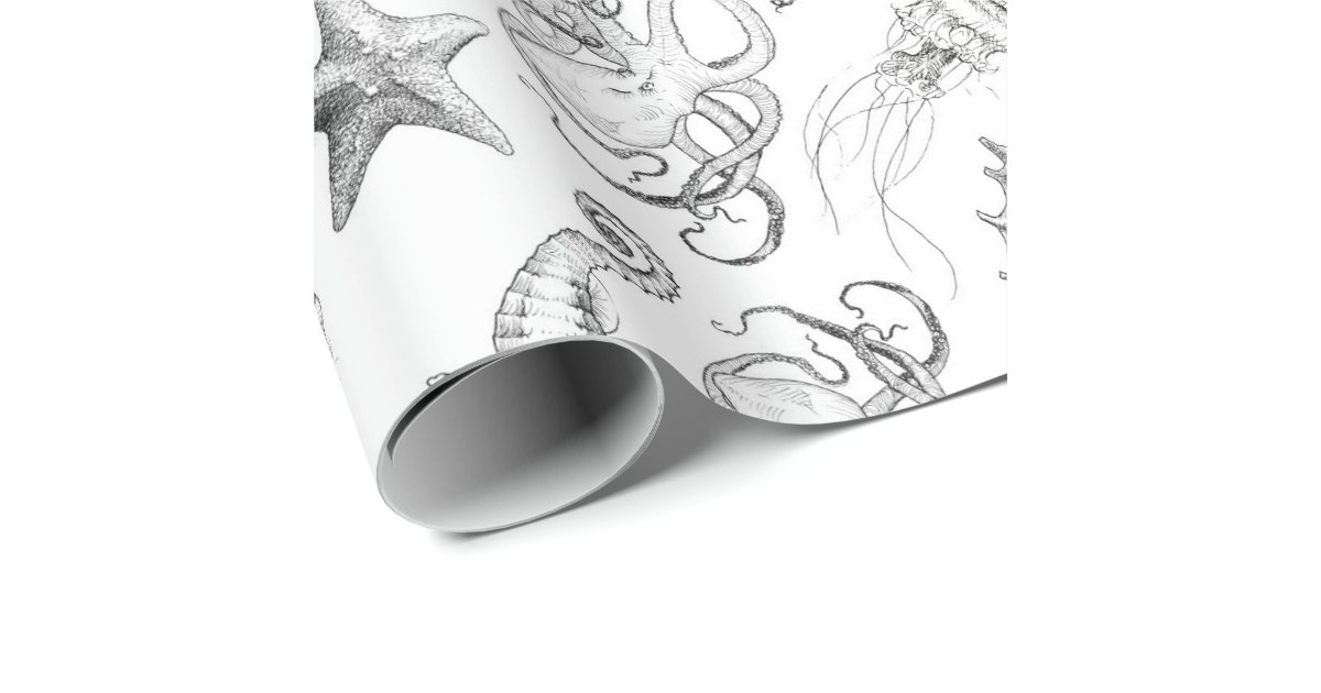 Nautical Ocean Theme Sea Creatures Black and White Wrapping Paper | Zazzle