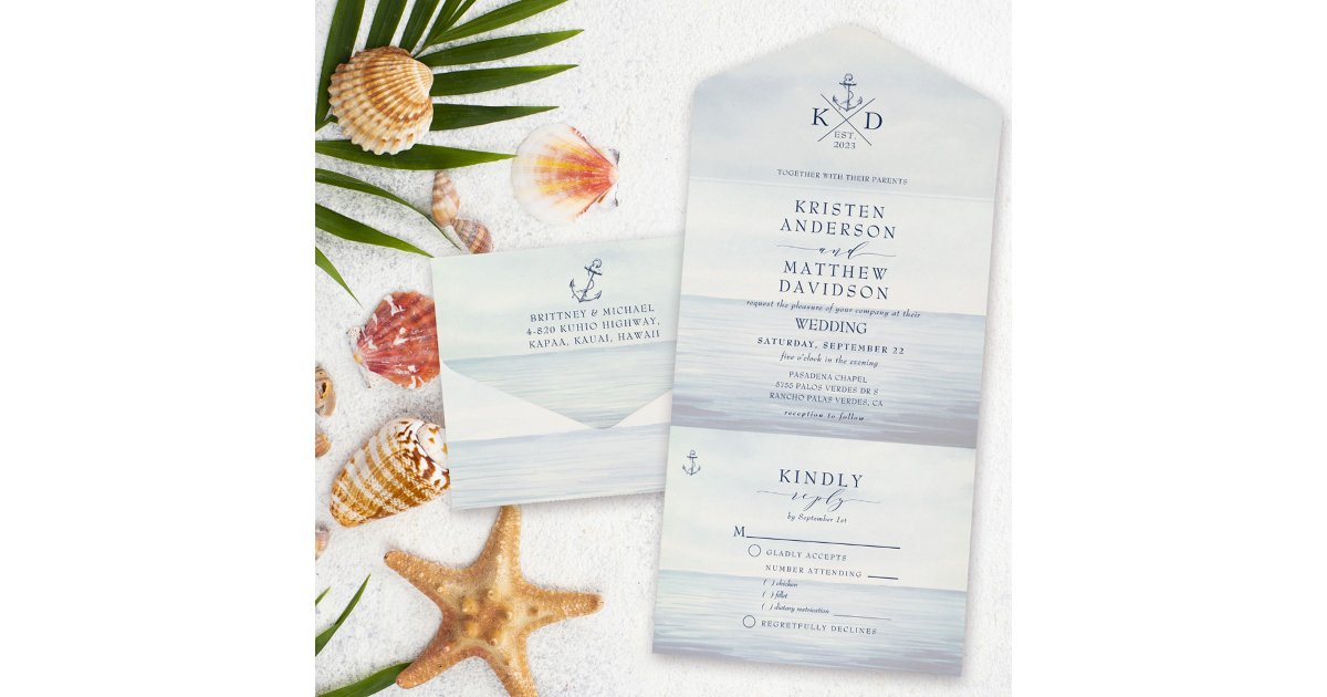 Nautical Ocean Watercolor Wedding All In One Invitation | Zazzle
