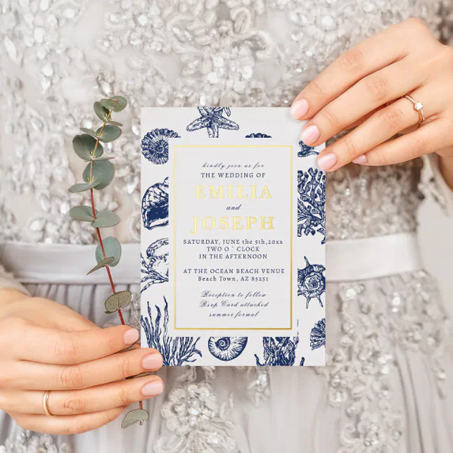 Nautical Oceanic classic navy blue Wedding gold Foil Invitation | Zazzle