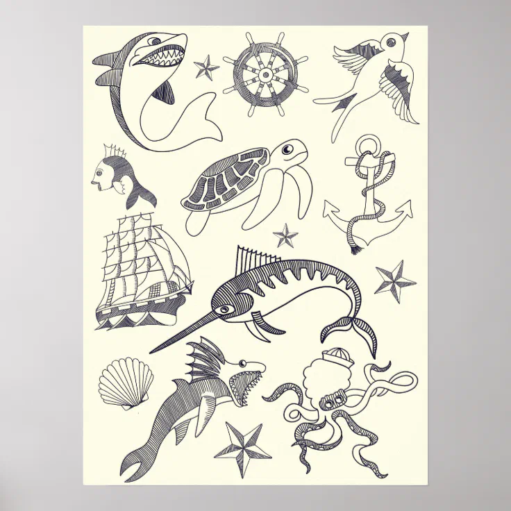 Nautical Old Sailor Tattoos Collage Poster | Zazzle