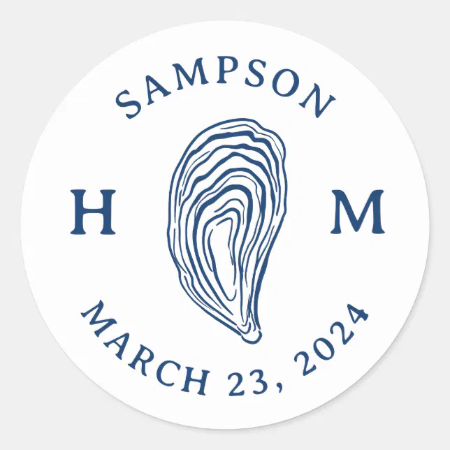 Nautical Oyster Shell Monogram with Name Date Classic Round Sticker ...