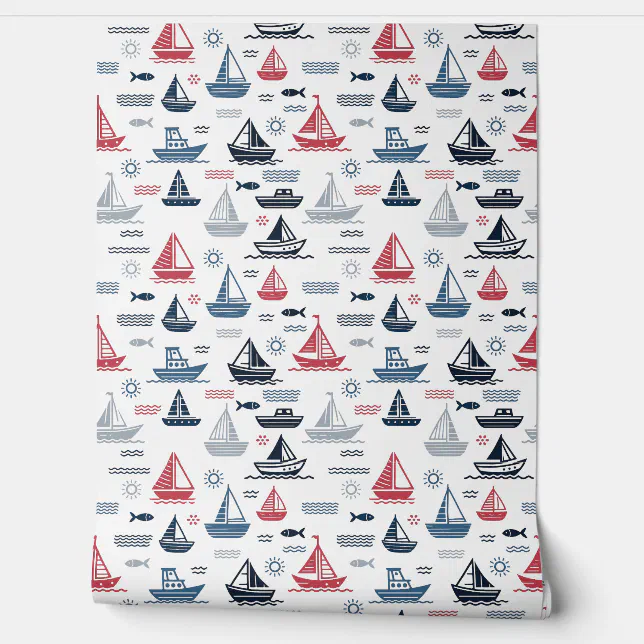 Nautical Pattern with Sailboats and Fish Wallpaper | Zazzle