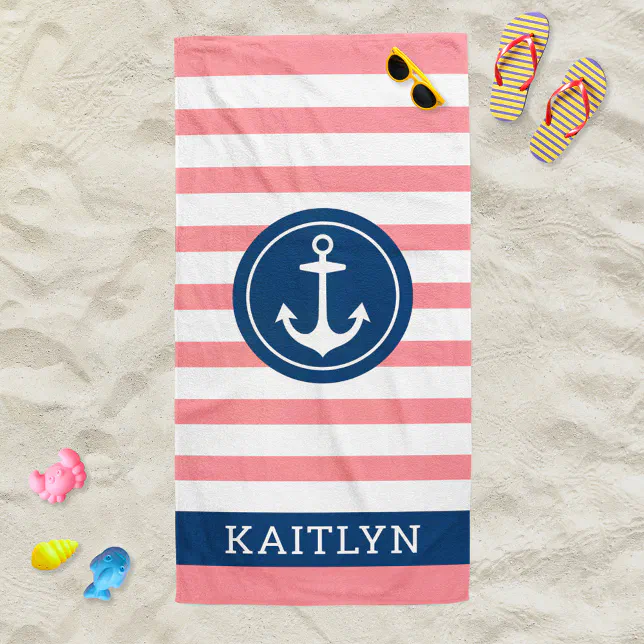 Nautical Personalized Name Navy Pink Striped Beach Towel | Zazzle