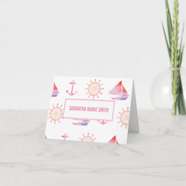 Nautical Personalized Watercolor Pink Stationery Note Card | Zazzle
