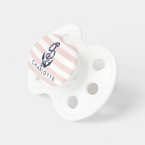 Nautical Pink Stripe Anchor Personalized Pacifier | Zazzle