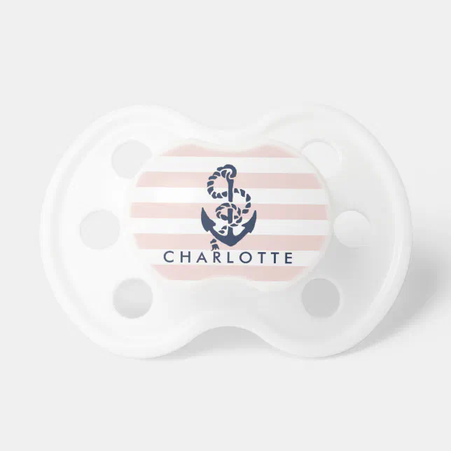 Nautical Pink Stripe Anchor Personalized Pacifier | Zazzle