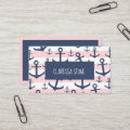 Nautical pink stripe navy blue anchor pattern business card | Zazzle