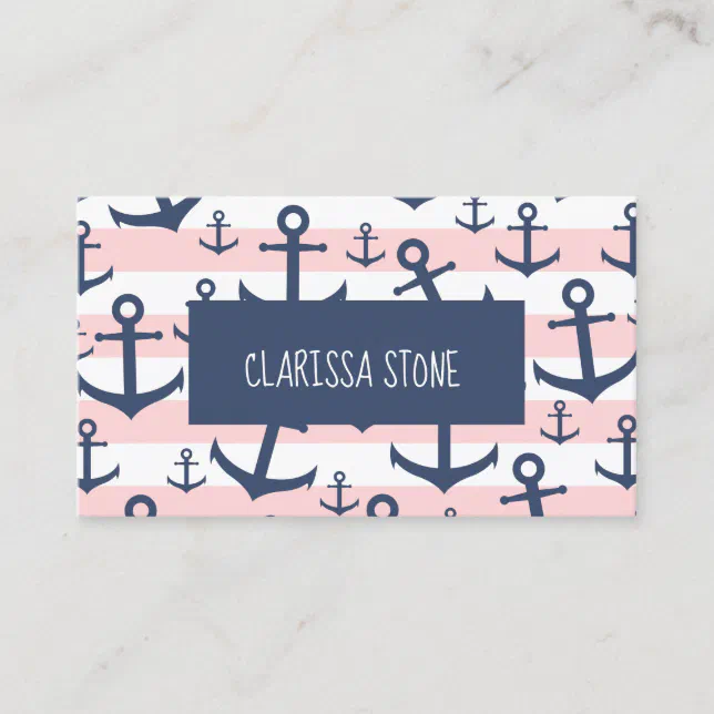Nautical pink stripe navy blue anchor pattern business card | Zazzle